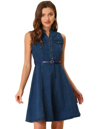 Allegra K Damen Jeanskleid &Auml;rmellos Henley V-Ausschnitt G&uuml;rtel Denim Minikleid Kleid Dunkelblau XS