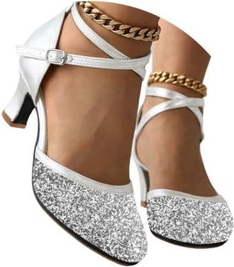 Minetom Chaussures De Danse Latine Femme Paillettes Bout Ferm&eacute; Salsa Tango Bachata Soir&eacute;es Salon Sandale A Argent 37 EU