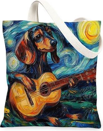 Generic Sac fourre-tout r&eacute;utilisable en toile motif teckel pour faire du shopping, 33 x 38,1 cm, motif guitare &eacute;toil&eacute;e, sac d&eacute;picerie r&eacute;utilisable pour femme,