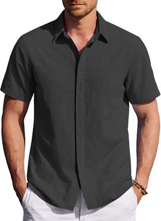 Coofandy Chemise Homme Manches Courtes Coton &Eacute;t&eacute; Chemise Casual Homme Plage Vacances Confort Respirante avec Boutons Cach&eacute;s Noir M