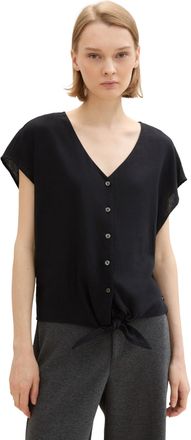 Tom Tailor Damen Bluse mit Knotendetail und Leinen-Anteil, deep black, M
