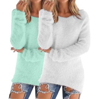 Generic Lot de 2 pulls au crochet pour femme - Couleur unie - Chaud - Doublé en polaire - Manches longues - Col rond - Doux et confortable - Pull ample - Pour