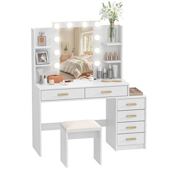 HOMCOM Schminktisch mit LED-Beleuchtung, 3 einstellbare Lichtfarben und Hocker, Frisiertisch mit Spiegel, 6 Schubladen, 4 offenen Ablagen, Modern Kosmetiktis