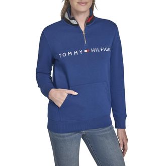 Tommy Hilfiger Damen Fleece Mockneck 1/4 Zip Soft Sweatshirt, Echtes Blau, XL