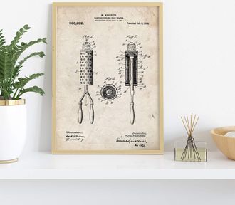 Nacnic Angeln Patent Poster 4-er Set. Vintage Stil Wanddekoration Abbildung von Haarbürste und Haartrockner. Verschiedene geometrische Alte Erfindungen Bilde
