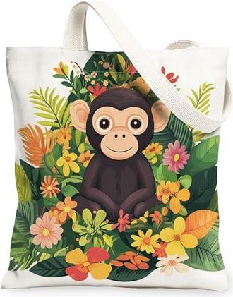 Generic Sac fourre-tout en toile de singe printanier pour le shopping, 33 x 38,1 cm, sac d&eacute;picerie r&eacute;utilisable avec motif imprim&eacute; de plantes, fleurs, animaux