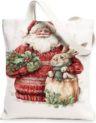 Generic Sac fourre-tout en toile avec motif animal de No&euml;l et lapin, sacs de courses respectueux de lenvironnement, vintage, festif, l&eacute;ger, lavable, toile pou
