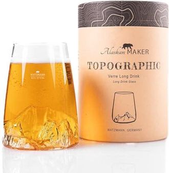 Alaskan Maker Verre long 450ml - Borosilicate de qualit&eacute; sup&eacute;rieure souffl&eacute; artisanalement avec les montagnes en relief | Cocktail, bi&egrave;re ou soft TOPOGRAPHIC (Watzm