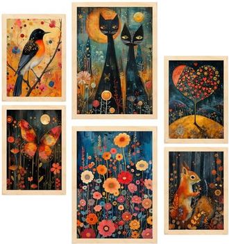 Nacnic Lot de 6 Peinture d&eacute;corative Animaux et nature inspir&eacute;s par Rosina Wachtmeister Feuille encadr&eacute;e avec illustration design pour d&eacute;corer les murs de mai
