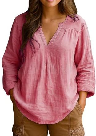 Generic Chemisiers en lin pour femme - Chemisier ample d&eacute;contract&eacute; en mousseline de soie de couleur pure - Haut ample et confortable en coton et lin - T-shirt