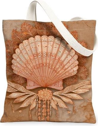 Generic Sacs fourre-tout vintage en toile coquillage avec imprim&eacute; floral rustique, sacs d&eacute;picerie r&eacute;utilisables, l&eacute;gers et lavables en toile pour T, marron, 1