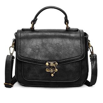 Generic Sac &agrave; bandouli&egrave;re &agrave; rabat en cuir pour femme - Style r&eacute;tro - Avec poign&eacute;e sup&eacute;rieure - Sac &agrave; bandouli&egrave;re d&eacute;contract&eacute;, Noir, Medium