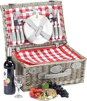 Les Jardins de la Comtesse Panier Pique-Nique Marly - Complet/4 Personnes - Compartiment Glaci&egrave;re Isotherme - Assiettes en C&eacute;ramique et Verres &agrave; Vin en Verre - Tissu &agrave; Carreaux 