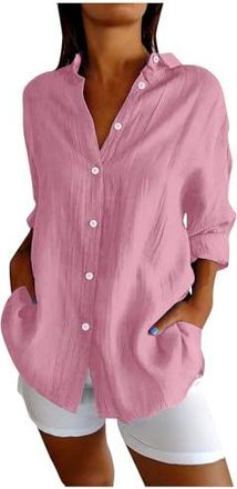Generic Chemise &agrave; manches longues en lin pour femme tendance d&eacute;t&eacute; &agrave; revers boutonn&eacute; 2025 chemisiers classiques en coton et lin coupe ample tenues de gaze pour