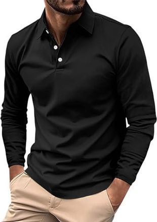 Generic Polo pour homme &agrave; manches longues et col basculant - Coupe droite - T-shirt Henley &agrave; bouton 1/4 - Couleur unie - D&eacute;contract&eacute; - Pour tous les jours, le