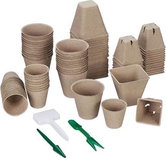 Relaxdays Anzuchttöpfe 96er Set, inklusive Zubehör, biologisch abbaubar, Anpflanztöpfchen, Verschiedene Größen, braun