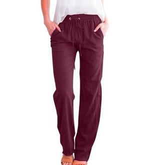 Generic Pantalon en lin pour femme Printemps &eacute;t&eacute; habill&eacute; taille haute avec cordon de serrage en coton droit Pantalon de d&eacute;tente Pantalon de plage, bordeaux, 3