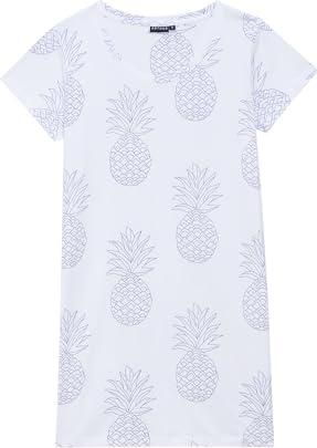 Arthur Chemise de Nuit Femme Ananas - Col Rond et Manches Courtes - Longueur 90cm - Coton Issu de lagriculture Biologique - Blanc - Taille XL
