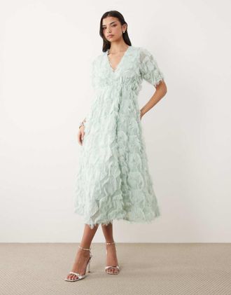 Vero Moda Strukturiertes Midikleid in Salbeigr&uuml;n mit V-Ausschnitt