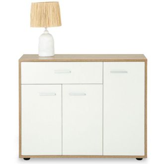 IDIMEX Buffet salle &agrave; manger Coraline 88 cm - Bois m&eacute;lamin&eacute; blanc et ch&ecirc;ne sonoma - 1 tiroir et 3 portes - R&eacute;sistant aux frottements
