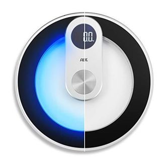 ADE Personenwaage digital aus Glas | K&ouml;rperwaage | hochpr&auml;zise Ergebnisse | stylische blaue LED-Beleuchtung | LED-Display | runder Korpus ohne Ecken und K