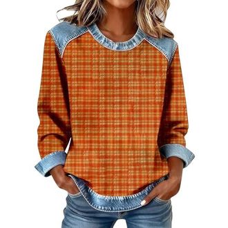 Generic Chandails en denim patchwork vintage pour femme - Chemise en jean surdimensionn&eacute;e &agrave; col ras du cou - Pull &agrave; manches longues - Haut tendance - Printemp