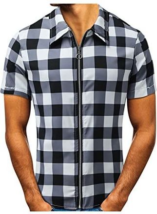 Generic Chemises pour homme adulte, chemise &agrave; carreaux pour homme avec col rabattu - Chemise &agrave; carreaux rouge pour homme avec fermeture &eacute;clair - Couleur contr
