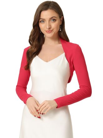 Allegra K Damen Bolero Langarm Festlich Crop Strick Jacke Einfarbig Baumwolle Elegant Schulterjacke Dunkel Rot XL