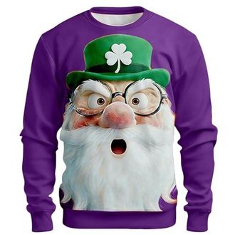 Generic Pull de la Saint-Patrick pour homme - Vert - Pull &agrave; manches longues - Tr&egrave;fle irlandais - Sweat-shirt graphique sans capuche - Col rond - Impression 3D