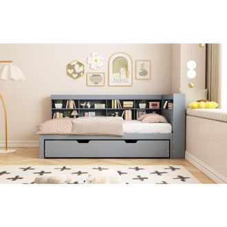 Urban Meuble Urban Meuble - Lit gigogne bois massif gris 90x200cm avec prise usb et multiples rangements gircaet