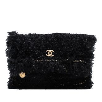 Chanel Black Paris Cosmopolite Tweed Fringe Clutch