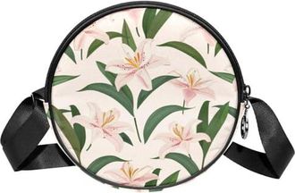 Generic Petit sac &agrave; bandouli&egrave;re circulaire pour femme, motif feuilles florales, sac &agrave; dos avec fermeture &eacute;clair, bretelles r&eacute;glables, sac &agrave; main rond d&eacute;contra