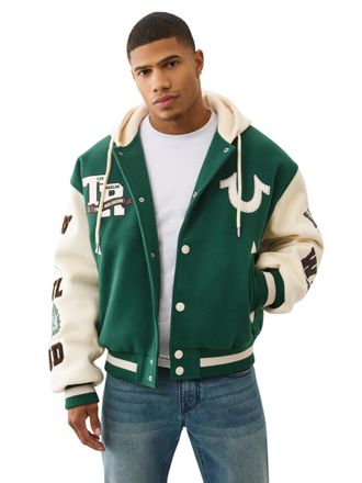True Religion Herren Retro Wool Varsity Jacket - Klassische Letterman Bomber mit Logo Patches, Evergreen/Winter White, L