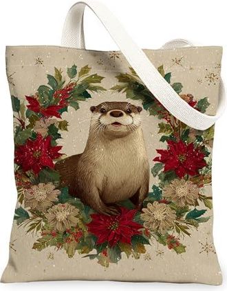 Generic Sacs fourre-tout en toile motif loutre de No&euml;l, sacs de courses r&eacute;utilisables, vintage, rustiques, l&eacute;gers et lavables avec bandouli&egrave;re pour voyage, pi