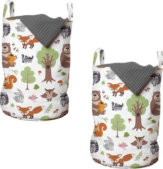 Abakuhaus Wald Wäschesack 2er Pack, Doodle Waldtiere, Wäschekorb mit Griffen und Kordelzugverschluss, Zweierpack 33cm x 50cm, Grün Mehrfarbig