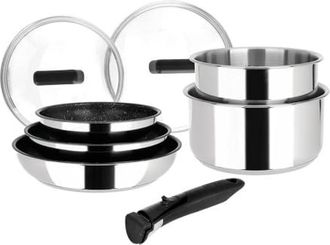 Sitram 714248 Batterie de cuisine Inox 8 Pi&egrave;ces : 3 Po&ecirc;les &Oslash;20,24,28 cm + 2 Casseroles &Oslash;16,18 cm + 2 Couvercles Verre &Oslash;16,18 cm + manche amovible, Tous feux 