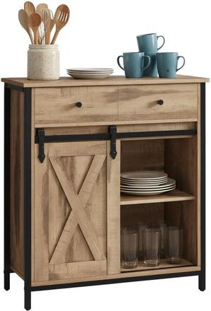 Relaxdays Relaxdays Sideboard mit Schiebetür, HBT: 80 x 70 x 30 cm, 4 Fächer, Beistellschrank Küche & Wohnzimmer, natur/schwarz