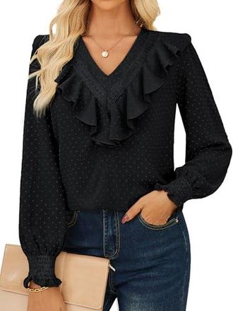 Grace Karin Chemisier vintage à manches longues bouffantes avec col en V et volants pour femme, Noir, L