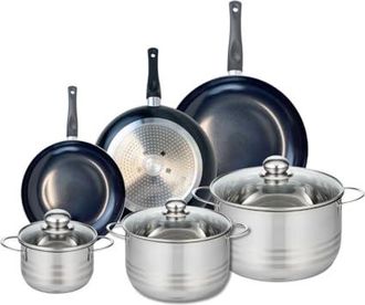 Fackelmann ELO 9742650 Batterie de cuisine 6 pi&egrave;ces, Ensemble de 3 Po&ecirc;les de cuisson 20, 24 et 28 cm et 3 faitouts 14, 20 et 24 cm Elo Prima Brillant, inox, indu