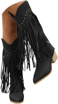 Generic Bottes de cowboy &agrave; franges pour femme, 2025 &agrave; bout pointu et pompons, bottines r&eacute;tro &agrave; franges &agrave; rivets &agrave; enfiler larges, mi-mollet, bottes d&eacute;quitatio