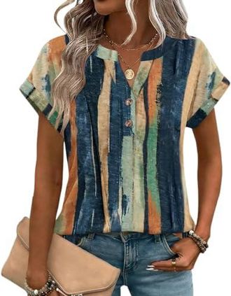 Generic T-shirt d&eacute;contract&eacute; &agrave; col en V pour femme, motif botanique &eacute;l&eacute;gant, col en V, imprim&eacute; p&eacute;tale, manches courtes, t-shirt d&eacute;t&eacute; classique ample, bleu, L