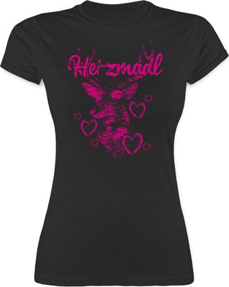 Shirtracer Shirt Damen - Kompatibel Oktoberfest - Herzmadl mit Hirsch und Herzen - Fuchsia - XXL - Schwarz - tailliertes Trachten Tshirt Oktober fest Shirts Frau