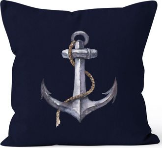 Autiga Kissenbezug Anker Blumen Wasserfarben Anchor Watercolor Kissen-H&uuml;lle Deko-Kissen Baumwolle Navy Unisize