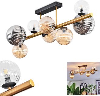 HOFSTEIN Deckenleuchte Chehalis, 8-flammige Deckenlampe aus Metall/Riffelglas in Schwarz/Gold/Rauch/Bernstein/Klar, Leuchte im Vintage-Design (Schirme 15 cm), 