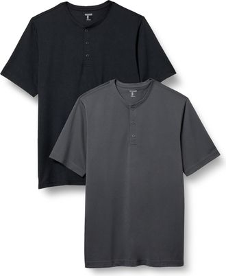 Amazon Essentials Herren Kurzärmliges Henley-Hemd Aus Schnelltrocknendem Jersey, Normale Passform, 2er-Pack, Dunkelgrau/Schwarz, XXL