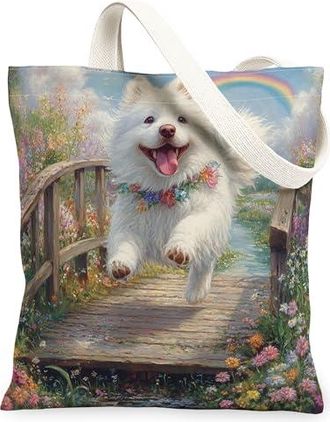 Generic Sac fourre-tout en toile pour le shopping motif chien samoy&egrave;de de printemps 33 x 38 cm, sac d&eacute;picerie r&eacute;utilisable pour femme, motif floral amusant po
