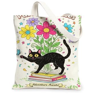 Generic Sacs fourre-tout en toile motif floral fantaisie chat color&eacute;, sacs d&eacute;picerie r&eacute;utilisables, vintage, l&eacute;gers et lavables, blanc, 13x15 Inch