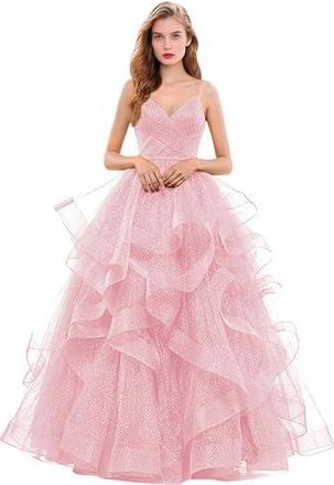Generic Robe de bal en tulle pailleté avec col en V et bretelles spaghetti, robe de demoiselle dhonneur, robe de soirée formelle longue à étages, rose bébé, 4