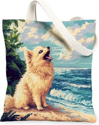 Generic Sac fourre-tout d&eacute;t&eacute; en toile pour faire du shopping, 33 x 38,1 cm, motif chiot c&ocirc;tier de plage, sac d&eacute;picerie r&eacute;utilisable pour femme, animal de comp