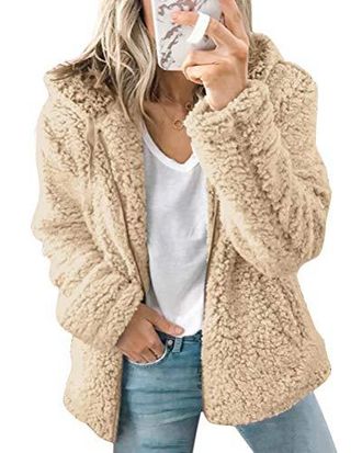 ORANDESIGNE Manteau Femme Sweat Manches Longues Automne Hiver Peluche Moelleux Outwear Veste Polaire Zipp&eacute; Sweat &agrave; Capuche Chaud Blouson A Abricot 36